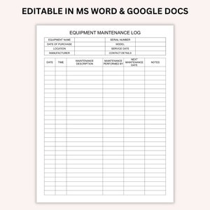 Editable Equipment Maintenance Log, Printable Maintenance Schedule ...