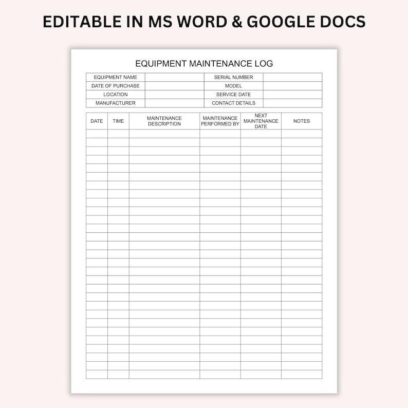 Editable Equipment Maintenance Log, Printable Maintenance Schedule ...