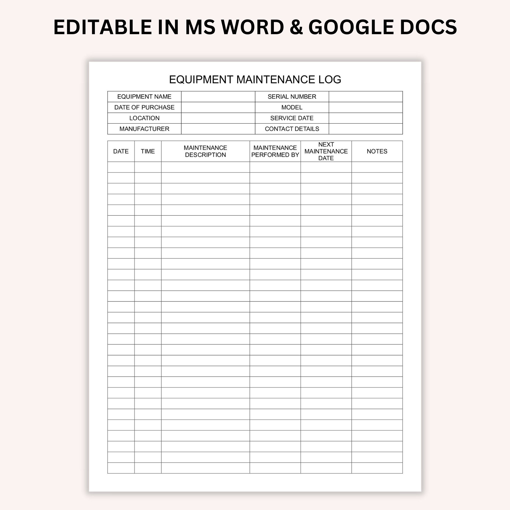 Editable Equipment Maintenance Log, Printable Maintenance Schedule ...