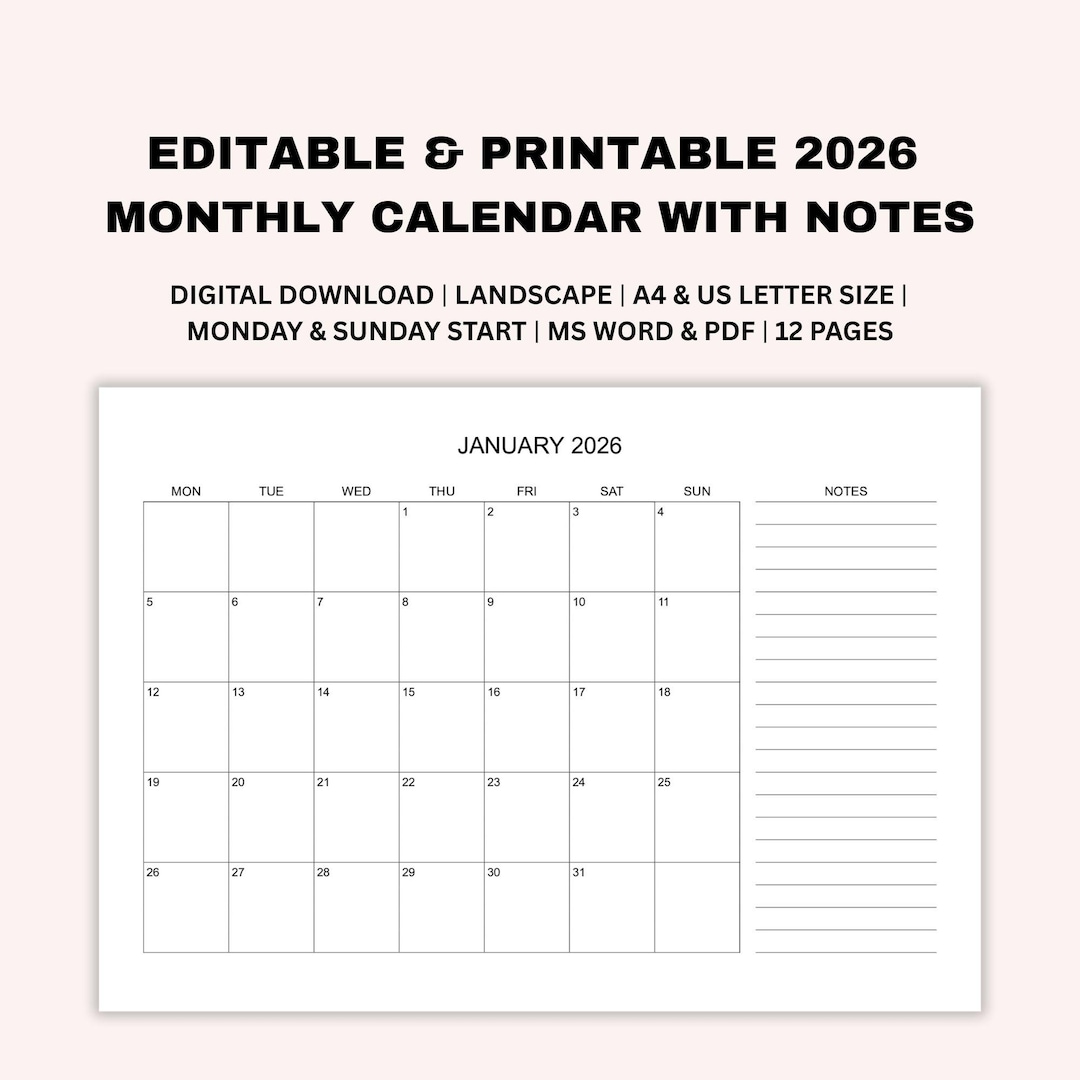 2026 Monthly Calendar With Notes, Editable Planner, Printable ...