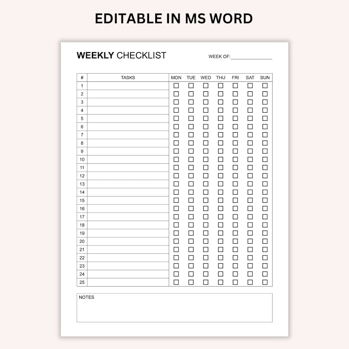 Editable Weekly Checklist, Printable Weekly to Do List, Weekly Task ...