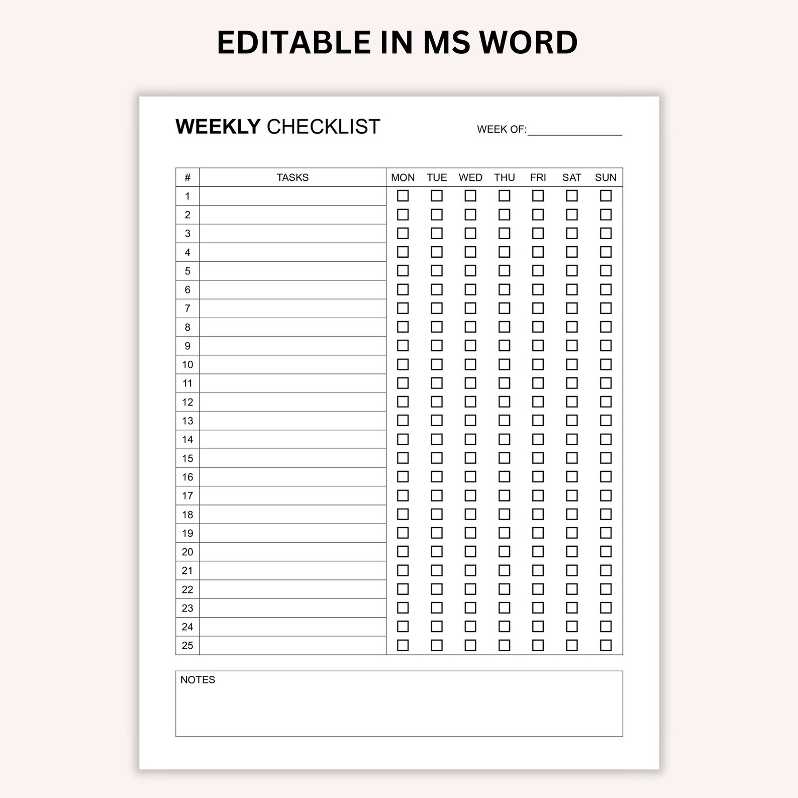 Editable Weekly Checklist, Printable Weekly to Do List, Weekly Task ...