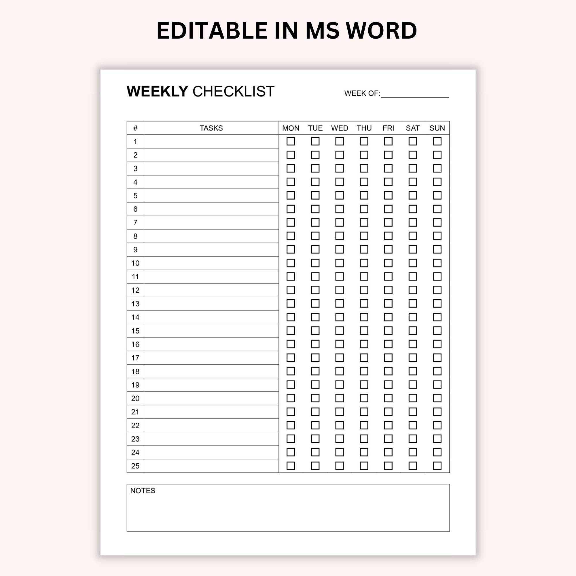 Editable Weekly Checklist, Printable Weekly to Do List, Weekly Task ...