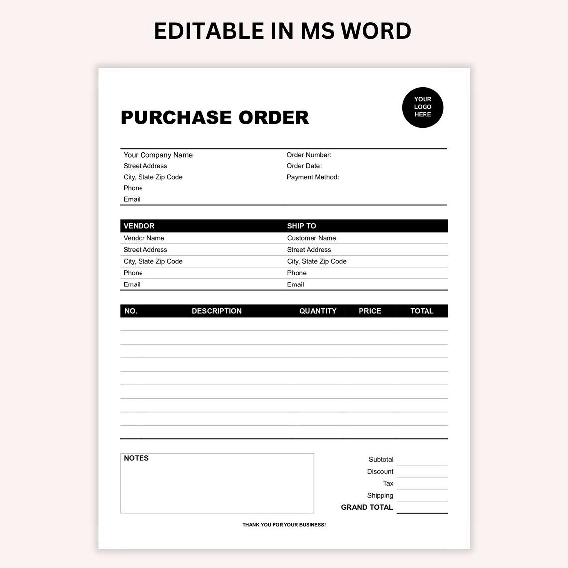 Editable Purchase Order Template, Business Order Form, Custom Order ...