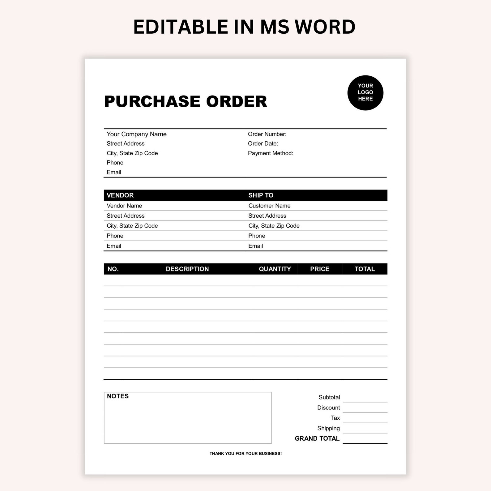 Editable Purchase Order Template, Business Order Form, Custom Order ...