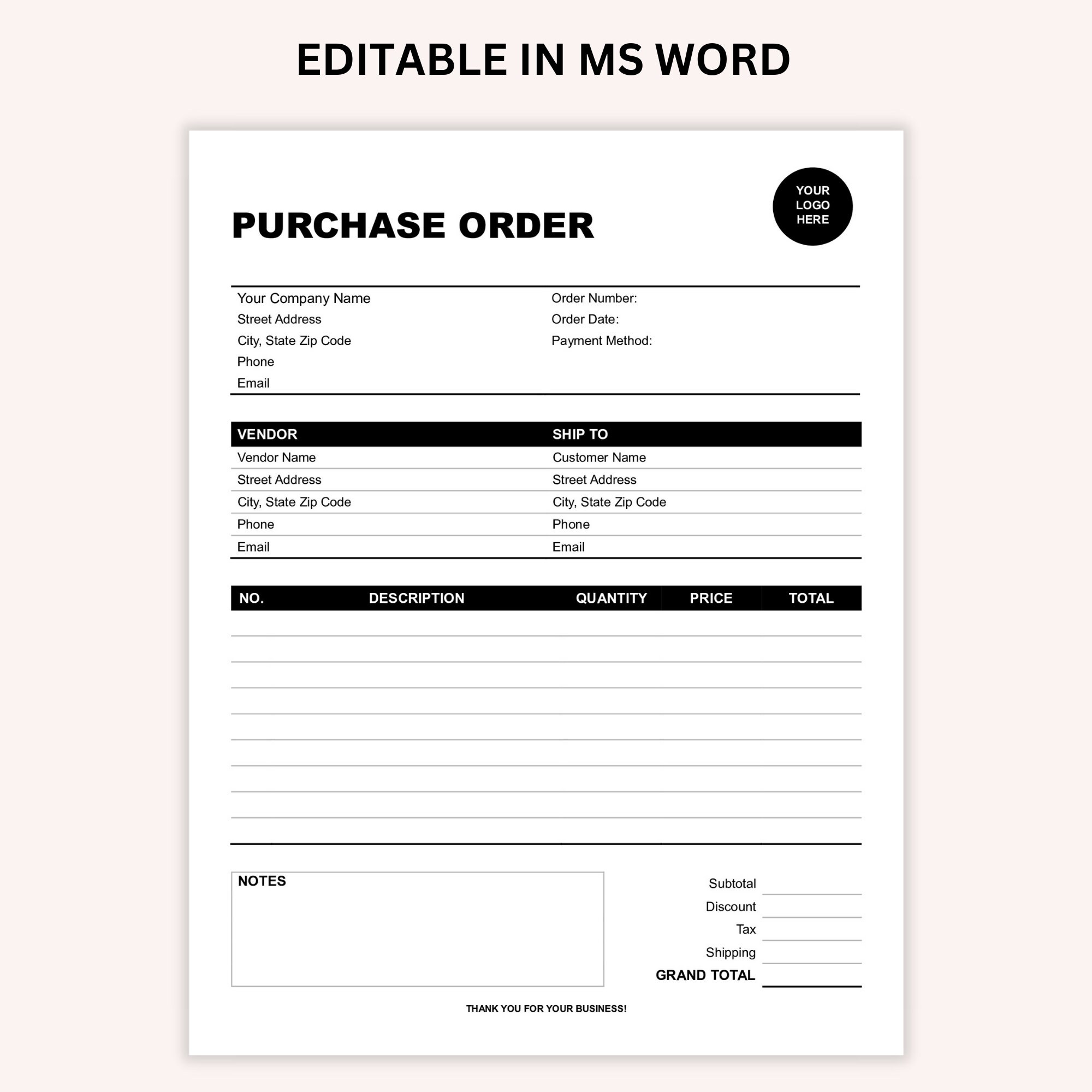Editable Purchase Order Template, Business Order Form, Custom Order ...