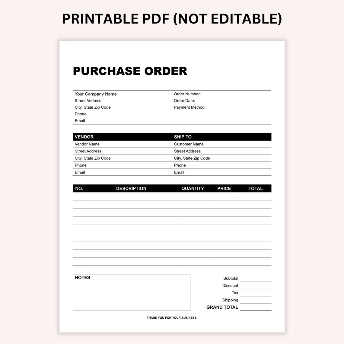 Editable Purchase Order Template, Business Order Form, Custom Order ...