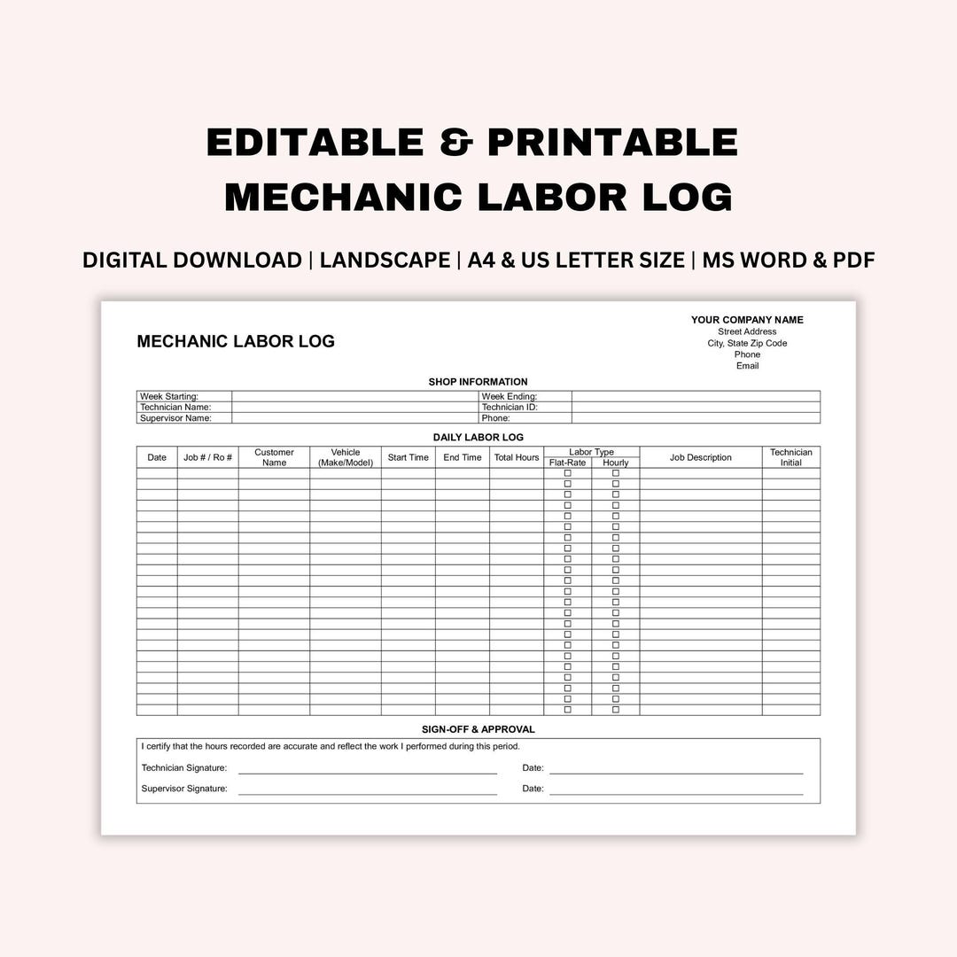 Editable Mechanic Labor Log, Printable Auto Shop Work Tracker, Garage ...