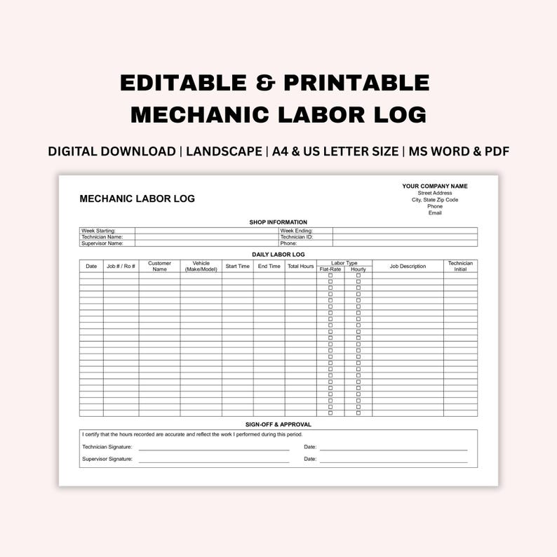 Editable Mechanic Labor Log, Printable Auto Shop Work Tracker, Garage ...