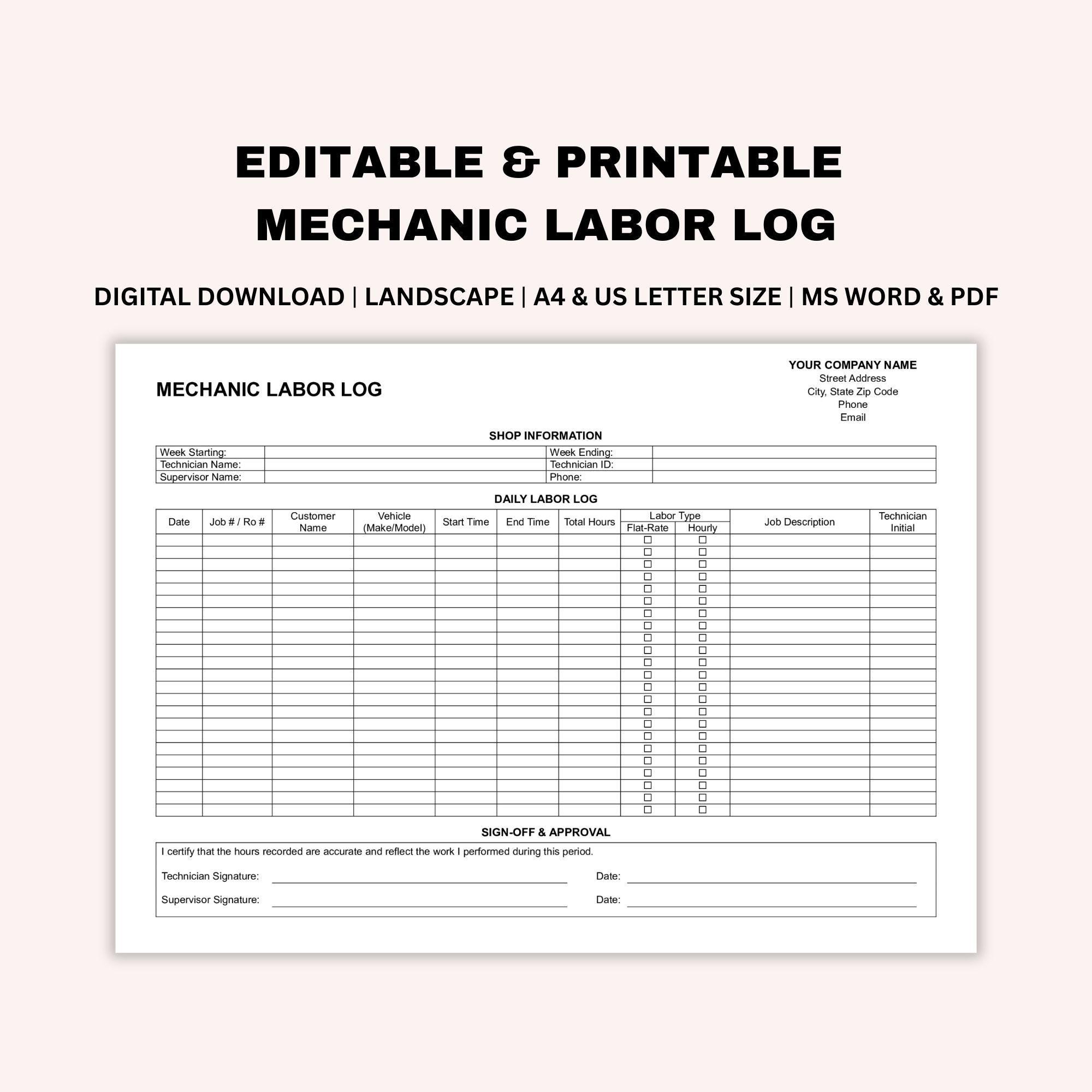 Editable Mechanic Labor Log, Printable Auto Shop Work Tracker, Garage ...
