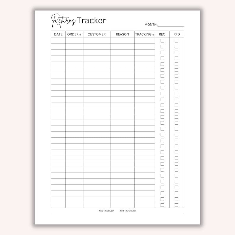 Printable Returns Tracker, Return Template, Online Business Return Form ...