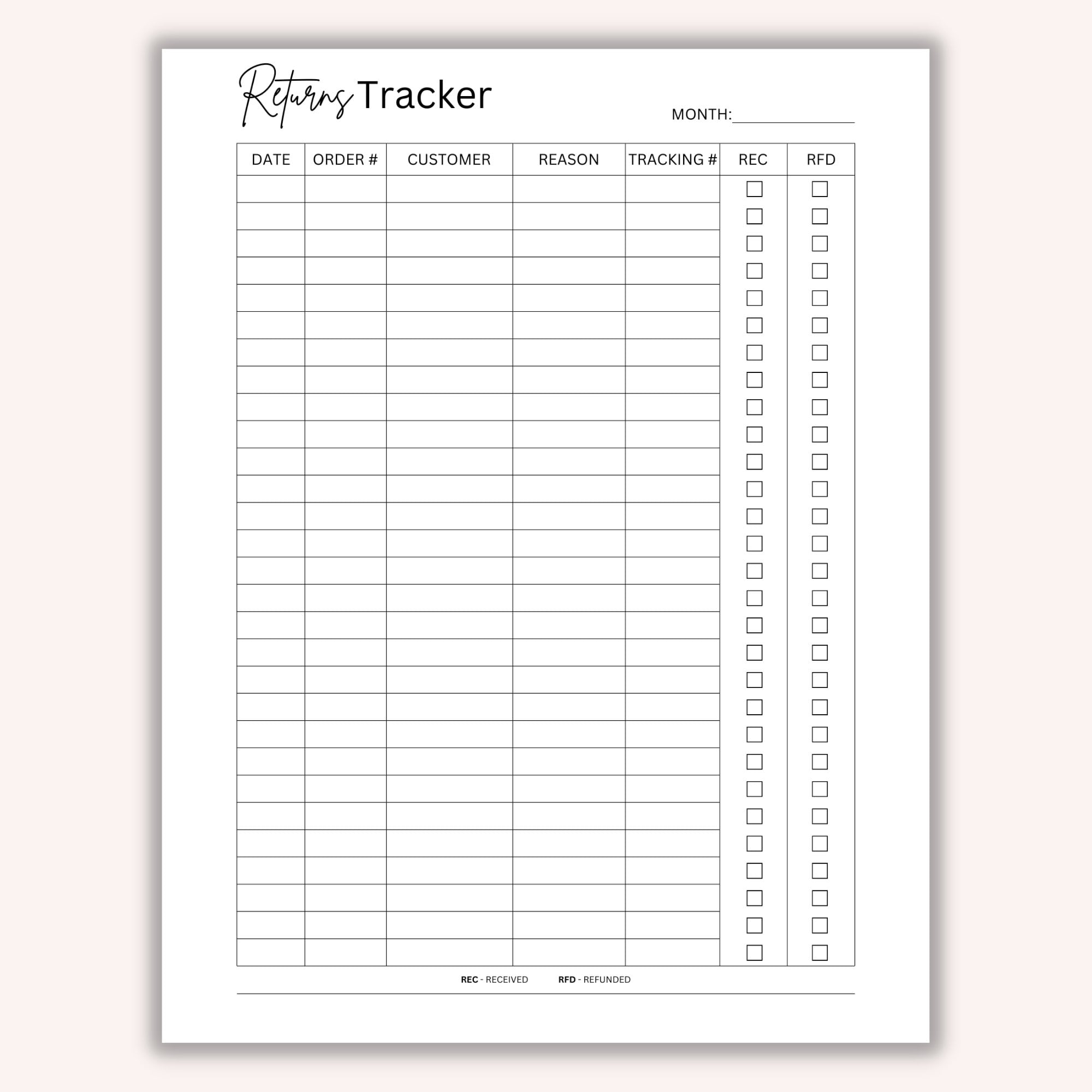 Printable Returns Tracker, Return Template, Online Business Return Form ...