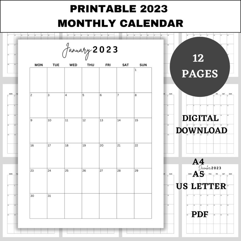 Printable 2023 Monthly Calendar, Year Calendar, Minimalist Calendar ...