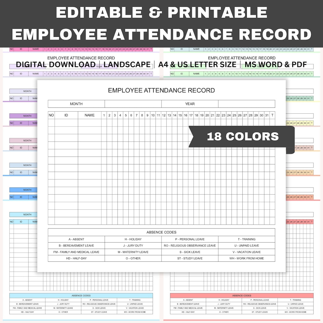 Editable Employee Attendance Record, Printable Employee Absence Tracker ...