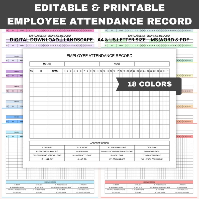 Editable Employee Attendance Record, Printable Employee Absence Tracker ...