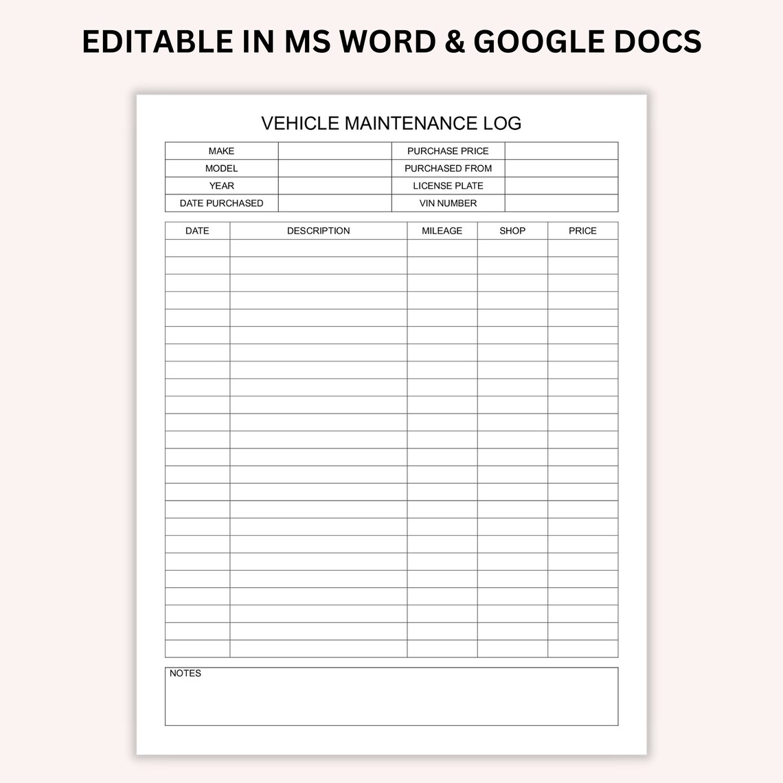 Editable Vehicle Maintenance Log, Printable Vehicle Repairs Log, Car ...