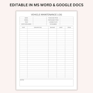 Editable Vehicle Maintenance Log, Printable Vehicle Repairs Log, Car ...