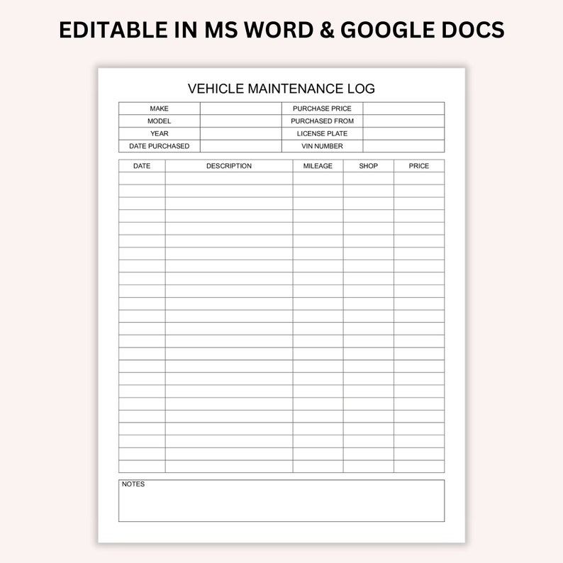 Editable Vehicle Maintenance Log, Printable Vehicle Repairs Log, Car ...