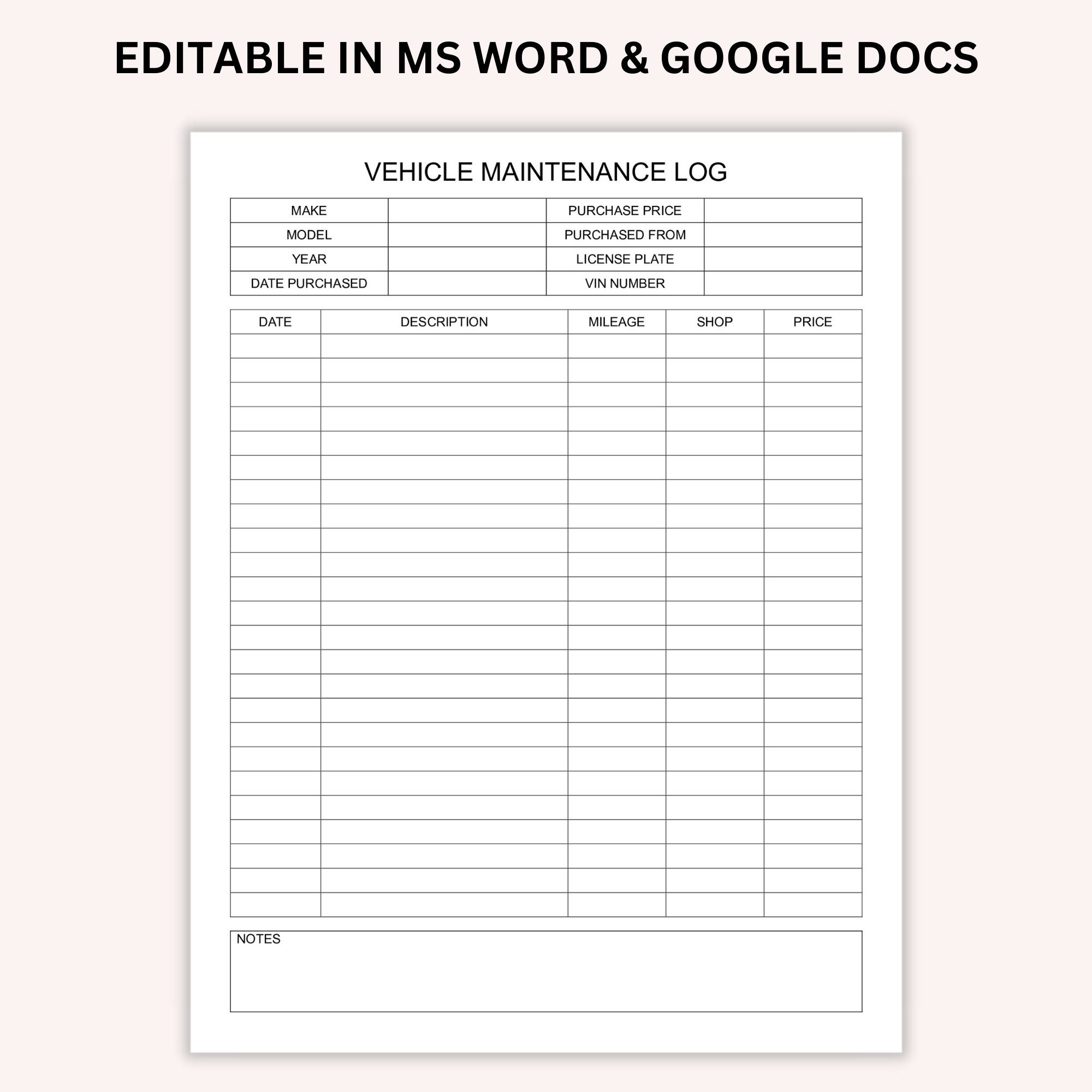 Editable Vehicle Maintenance Log, Printable Vehicle Repairs Log, Car ...