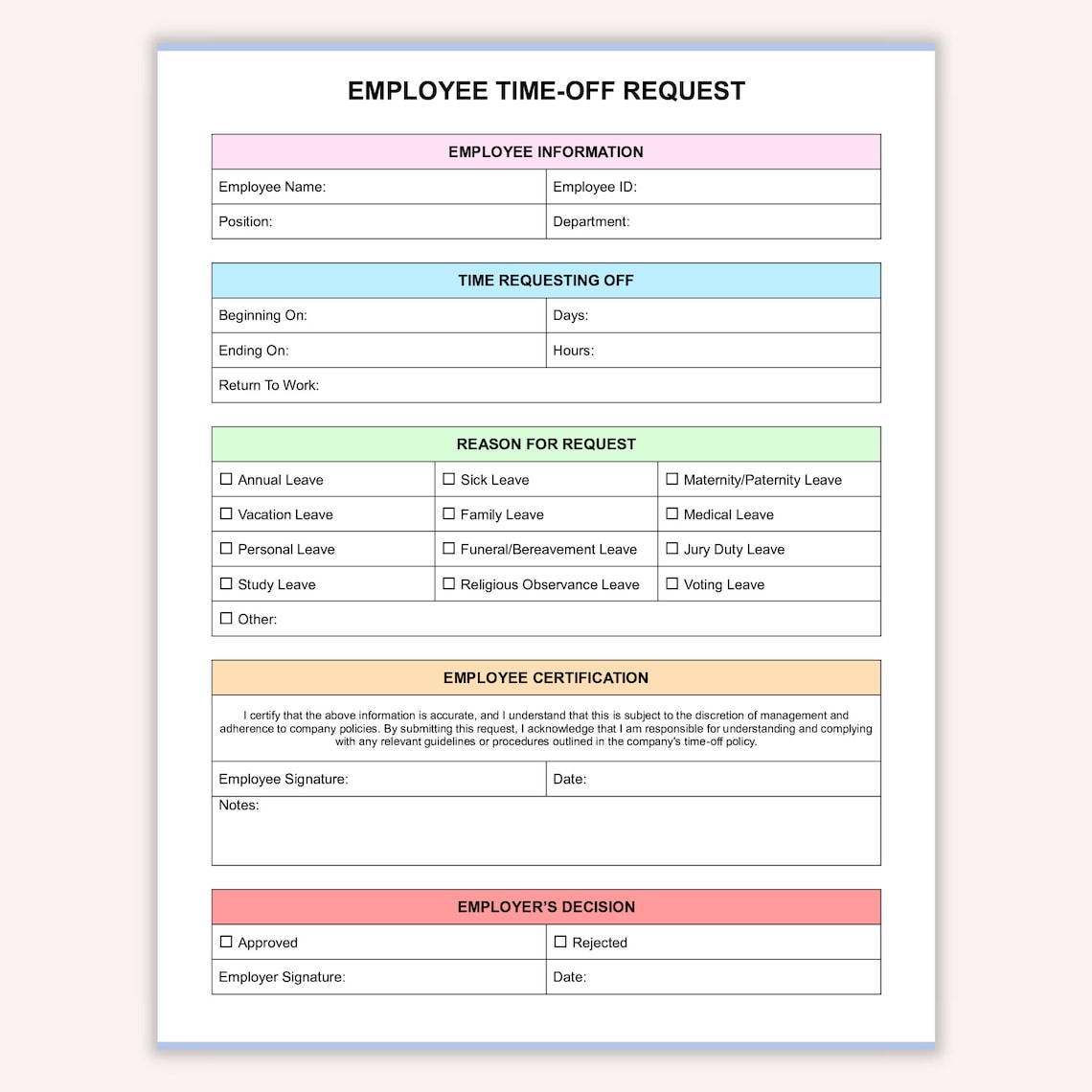 Editable Employee Time-off Request Template, Printable Vacation Request Form, Leave Application ...