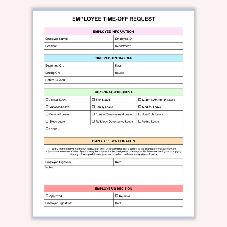 Editable Employee Time-off Request Template, Printable Vacation Request ...