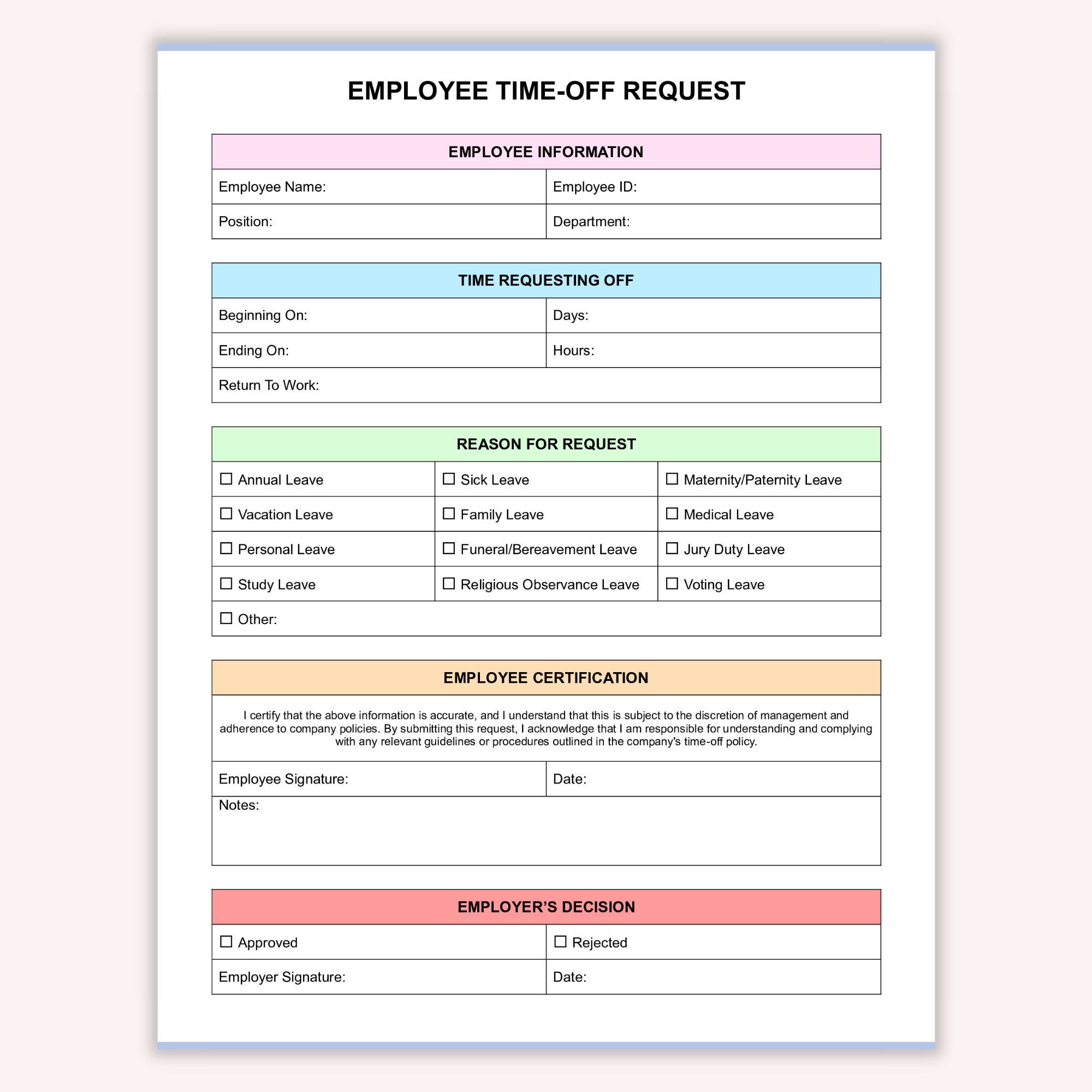 Editable Employee Time-off Request Template, Printable Vacation Request ...