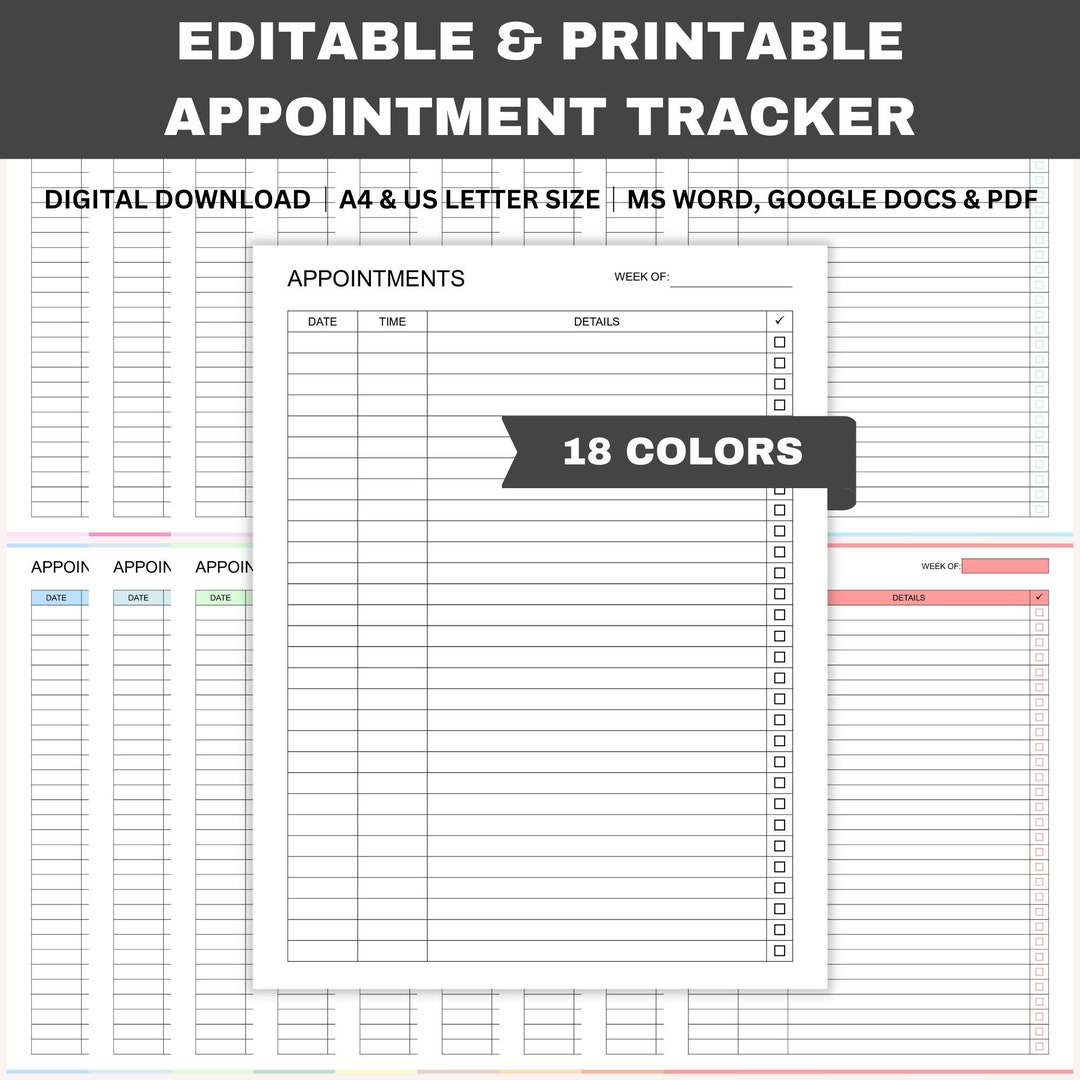 Editable Appointment Tracker, Printable Appointment Diary, Meeting ...