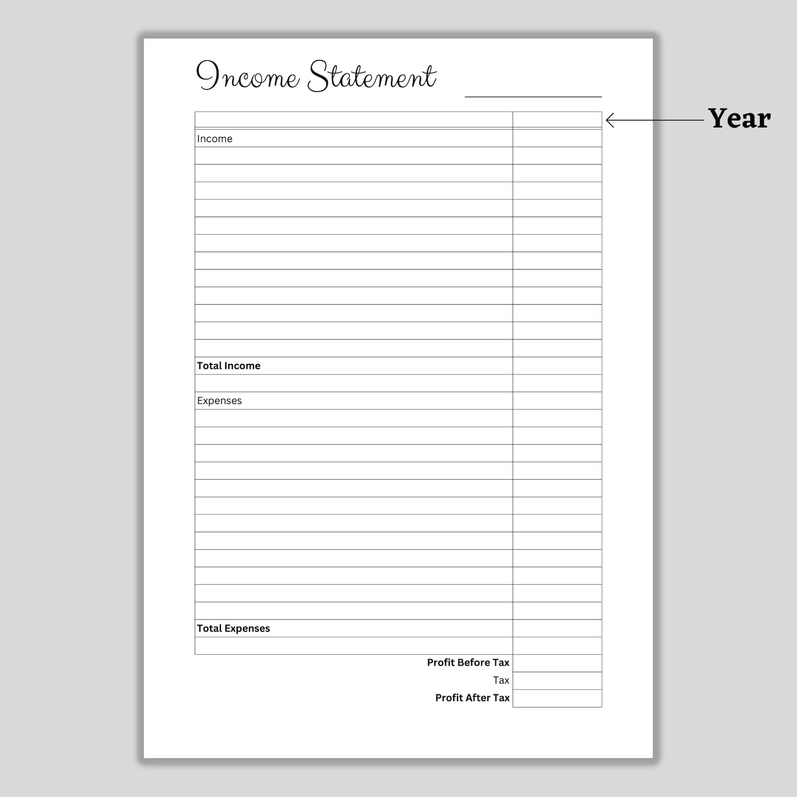 Printable Income Statement, Profit and Loss, Income, Expenses, Tax ...