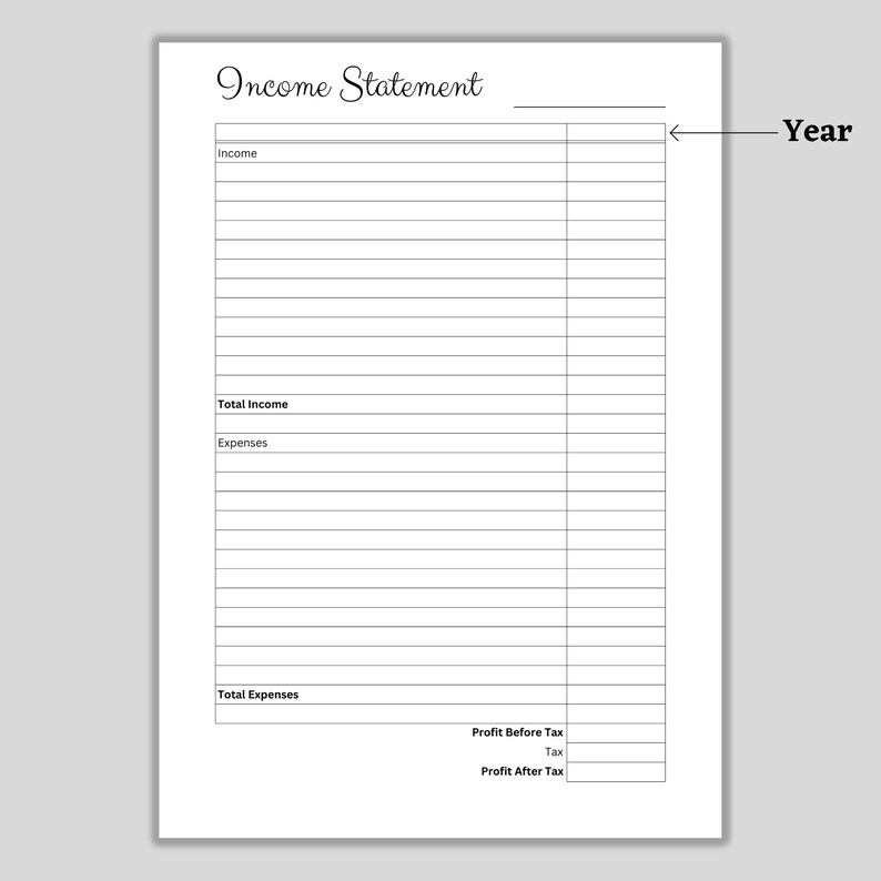 Printable Income Statement, Profit and Loss, Income, Expenses, Tax ...
