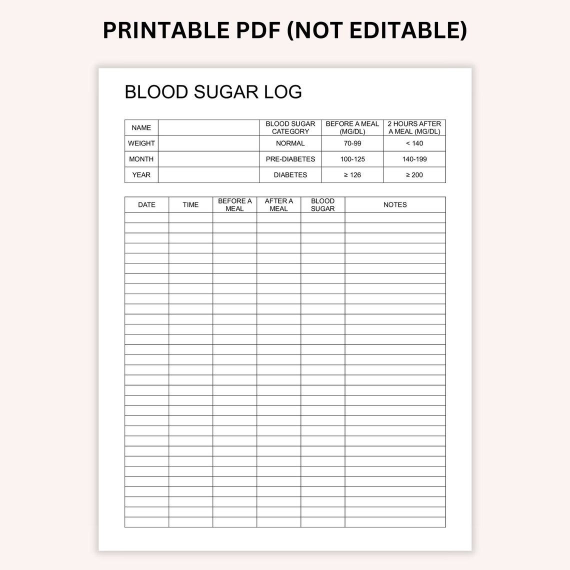 Blood Sugar Log Editable, Daily Blood Sugar Journal, Diabetes Tracking ...