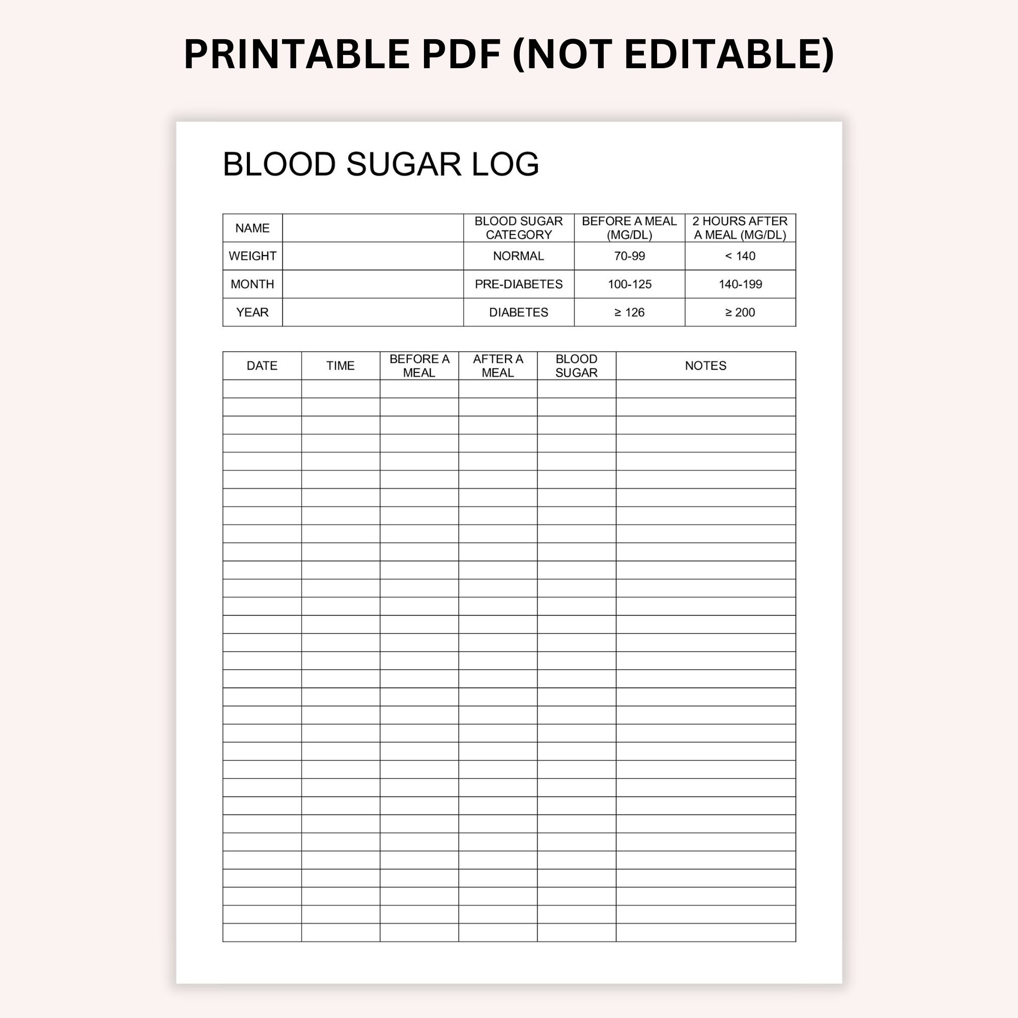 Blood Sugar Log Editable, Daily Blood Sugar Journal, Diabetes Tracking ...