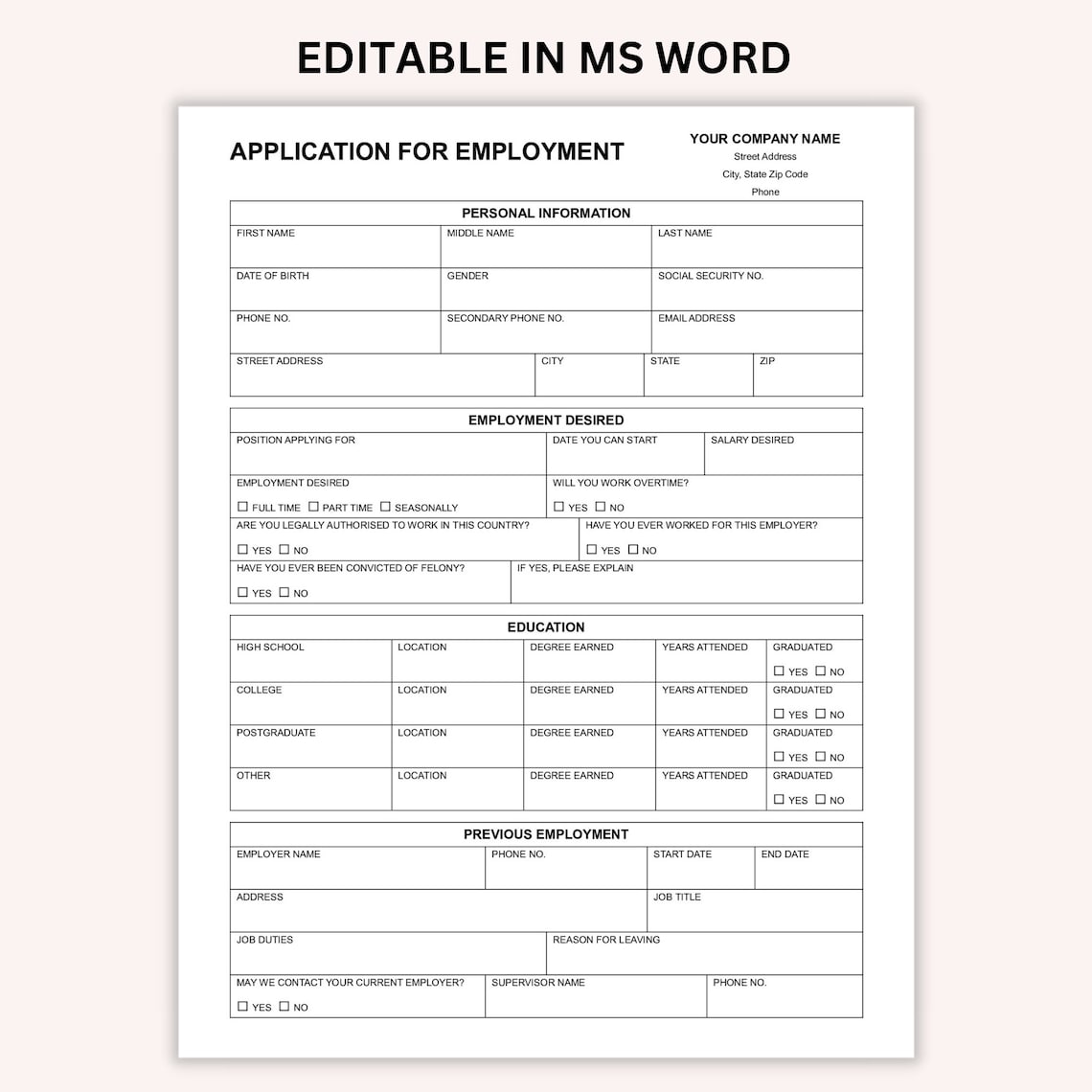 Editable Job Application Template, Printable Application for Employment ...