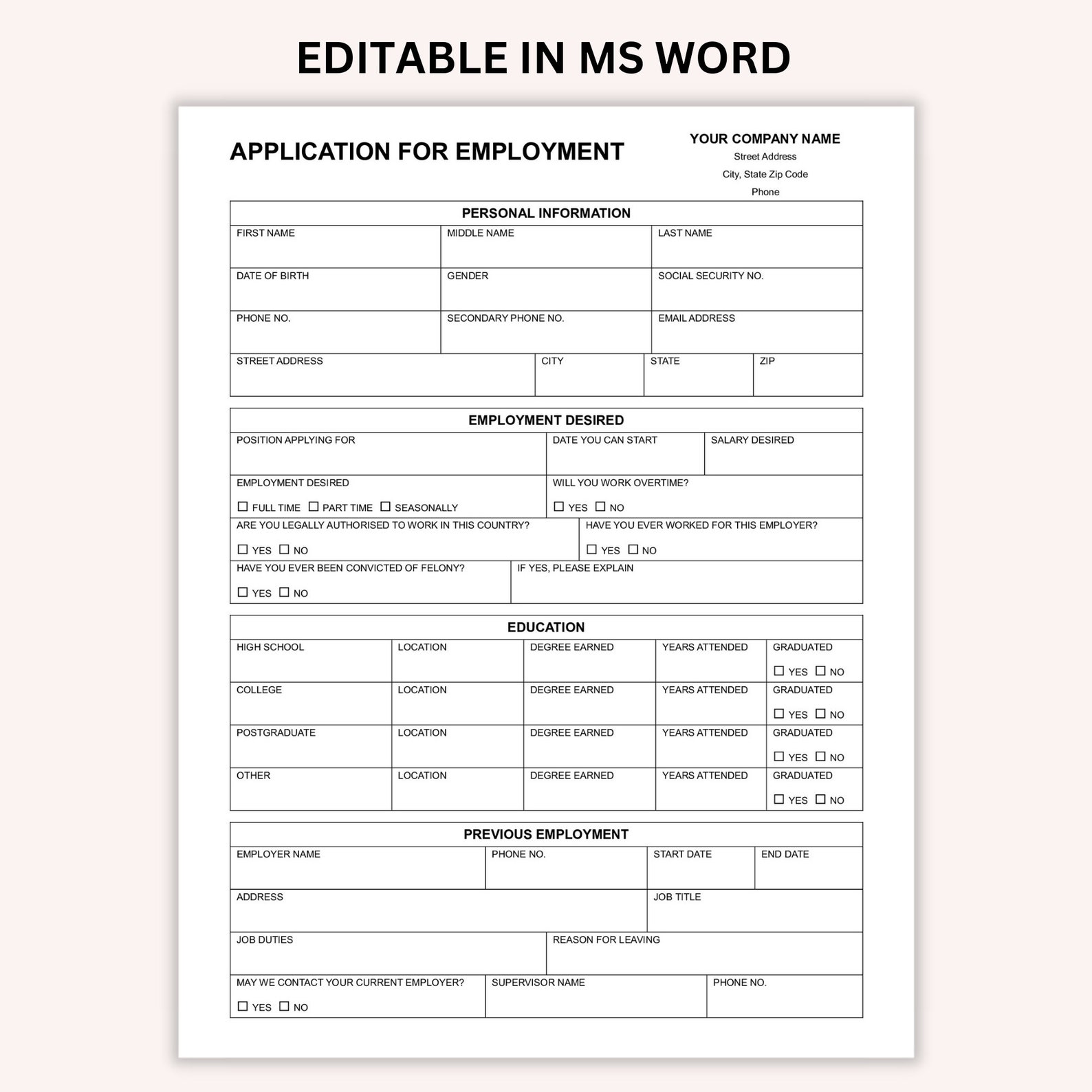 Editable Job Application Template, Printable Application for Employment ...