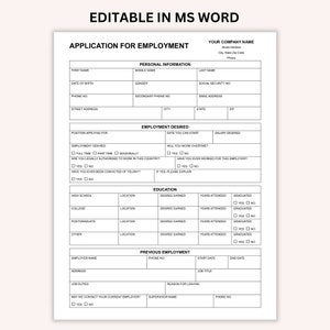 Editable Job Application Template, Printable Application for Employment ...