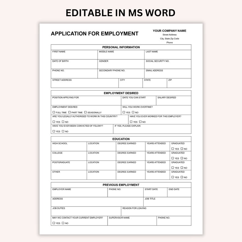 Editable Job Application Template, Printable Application for Employment ...