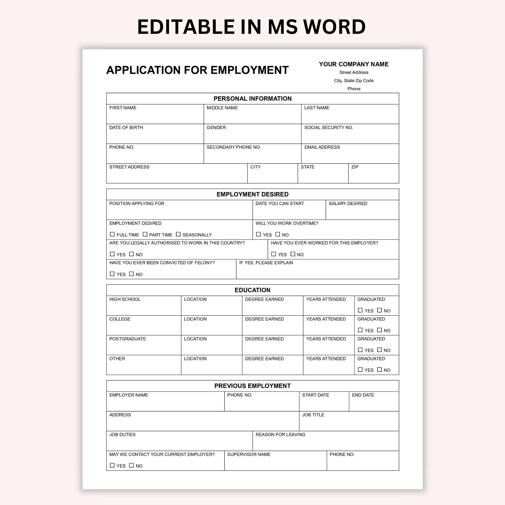 Editable Job Application Template, Printable Application for Employment ...
