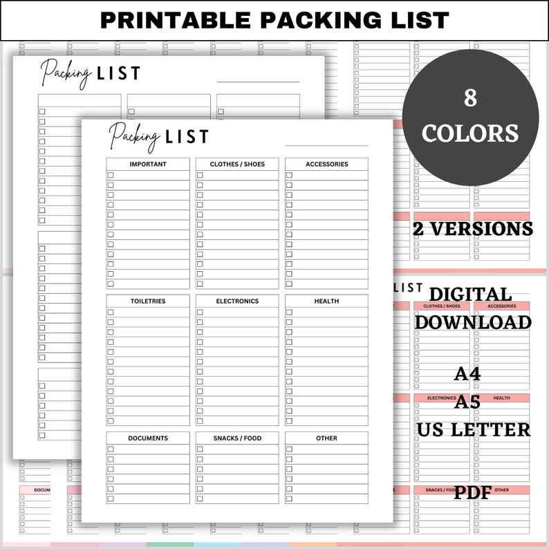 Printable Packing List, Blank Packing List, Vacation Packing List ...