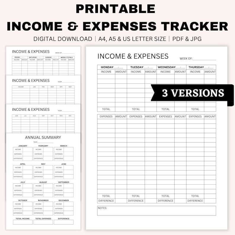 Printable Income & Expenses Tracker, Spending Tracker, Money Tracker, Small Business ...