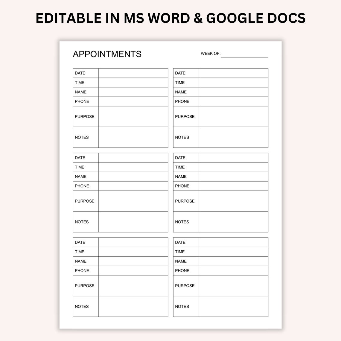 Editable Appointment Tracker, Printable Appointment Reminder, Client ...