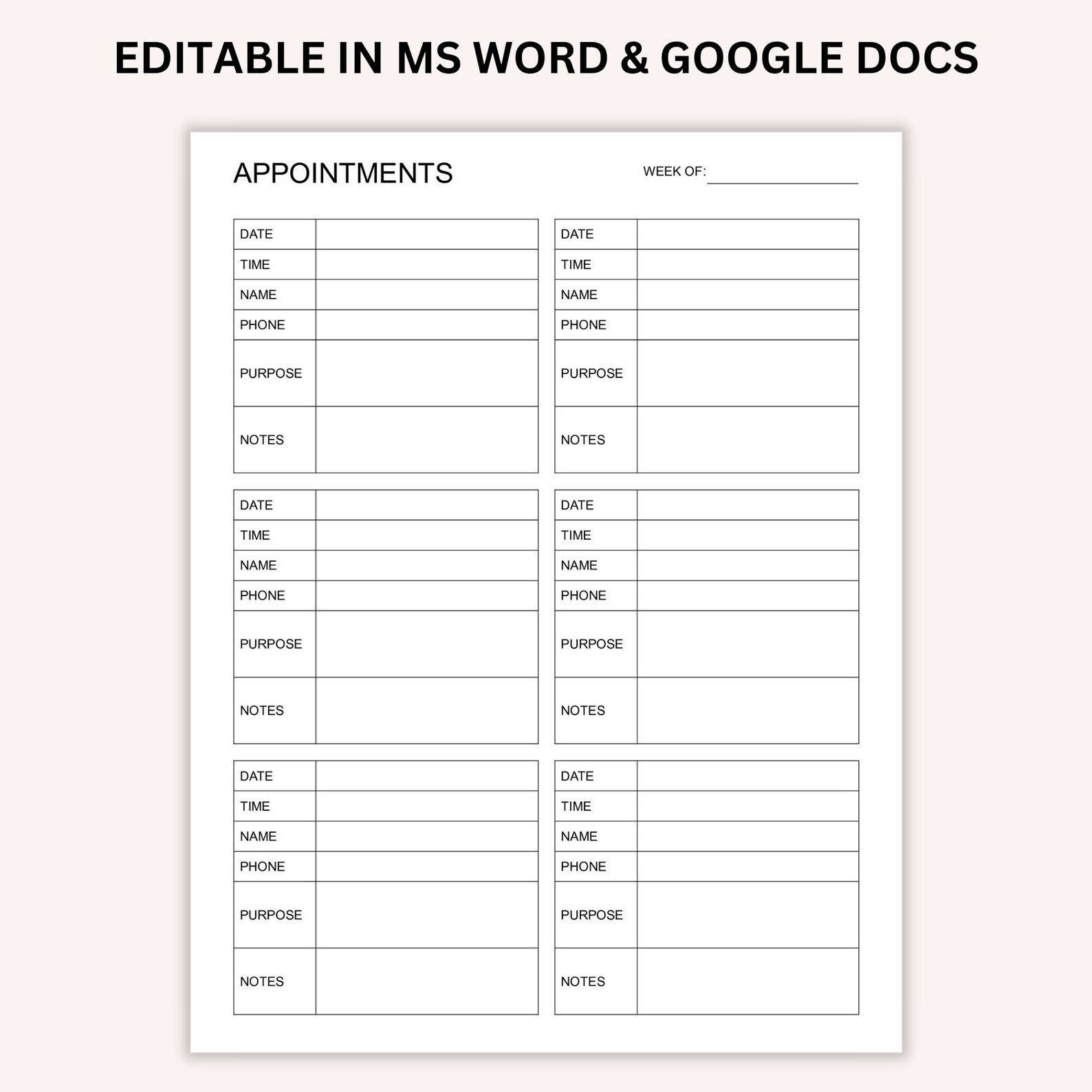 Editable Appointment Tracker, Printable Appointment Reminder, Client ...