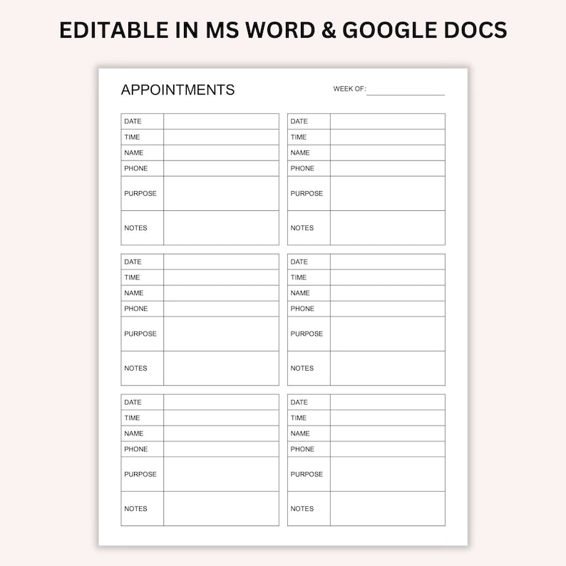 Editable Appointment Tracker, Printable Appointment Reminder, Client ...