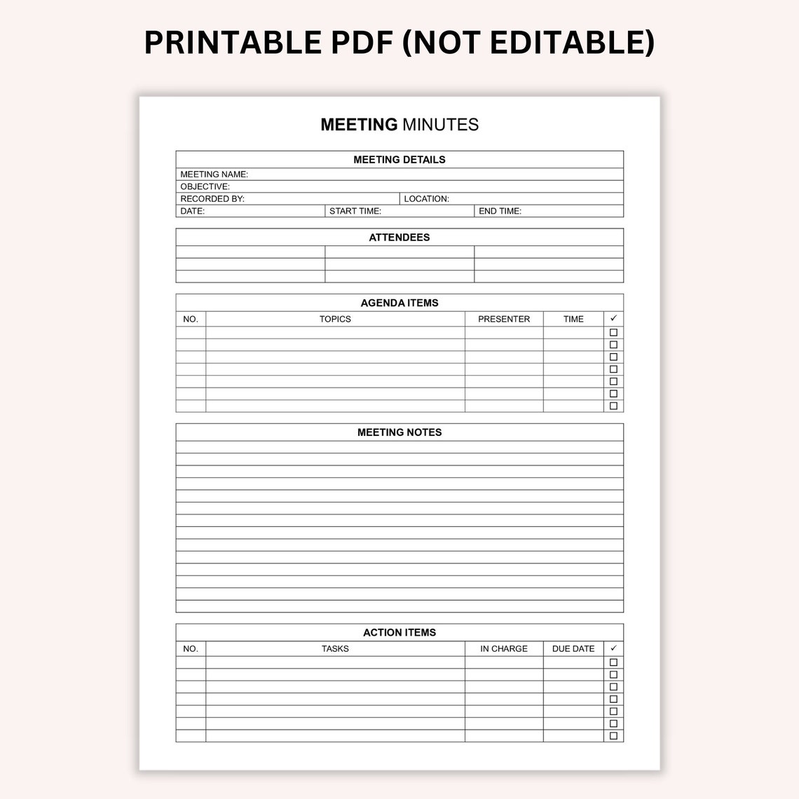 Editable Meeting Minutes Template, Printable Meeting Notes, Meeting ...