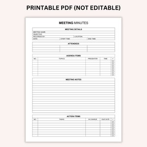 Editable Meeting Minutes Template, Printable Meeting Notes, Meeting ...
