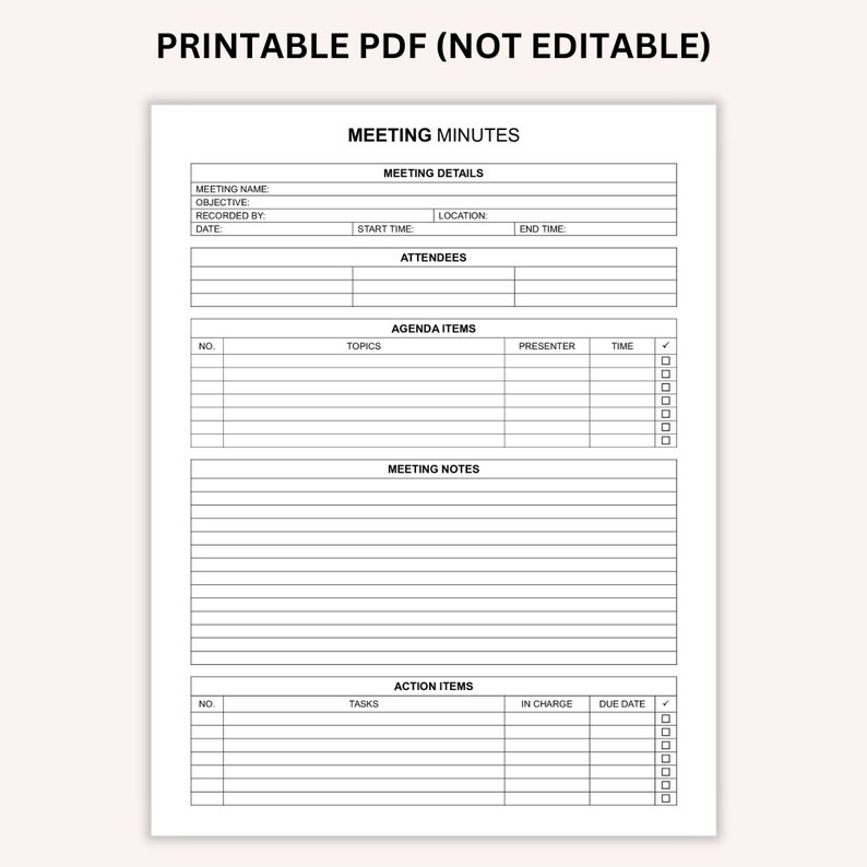 Editable Meeting Minutes Template, Printable Meeting Notes, Meeting ...