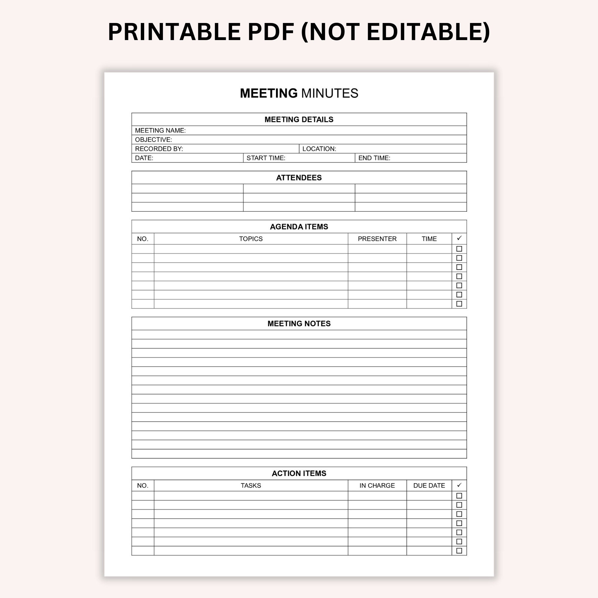 Editable Meeting Minutes Template, Printable Meeting Notes, Meeting ...