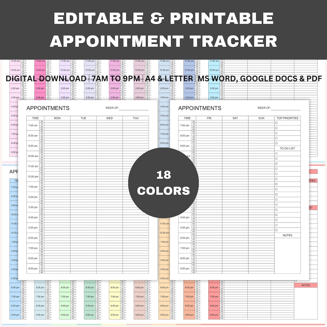 Editable Appointment Tracker, Printable 15 Minute Interval Appointment ...