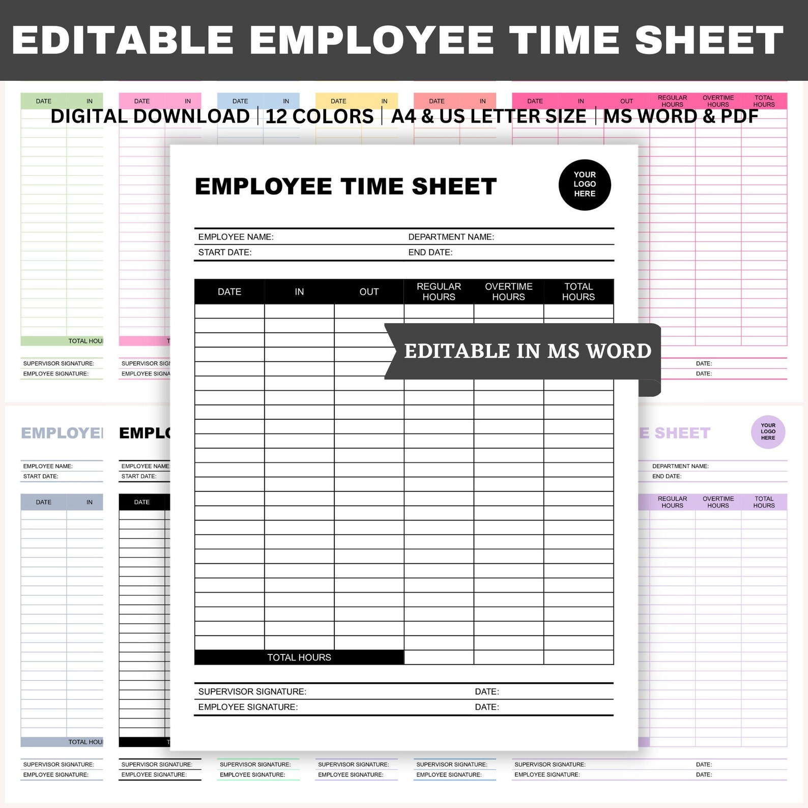 Editable Employee Time Sheet, Clock in & Out Sheet, Time Card, Work Log ...