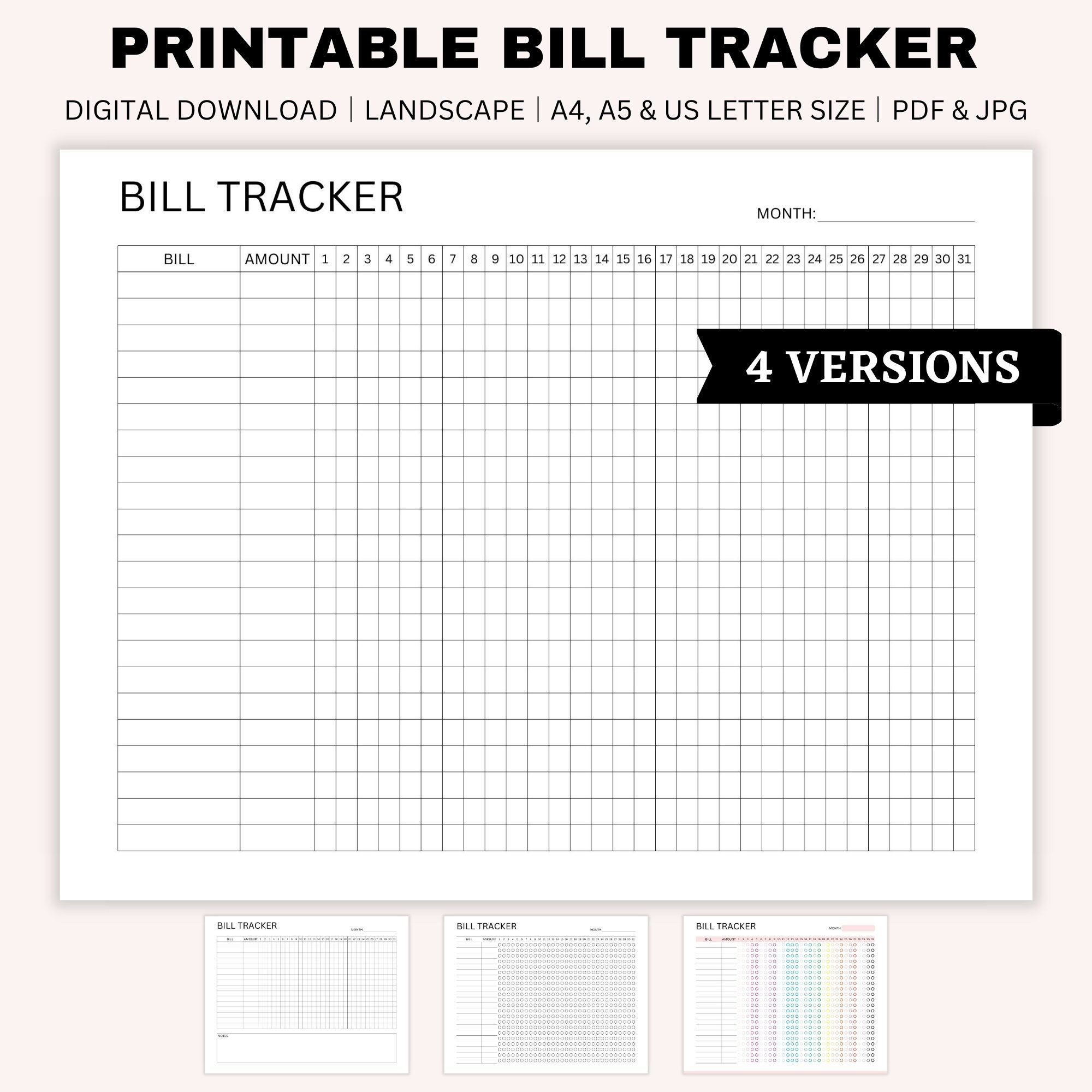 Printable Bill Tracker, Monthly Bill Tracker, Spending Tracker, Expense ...