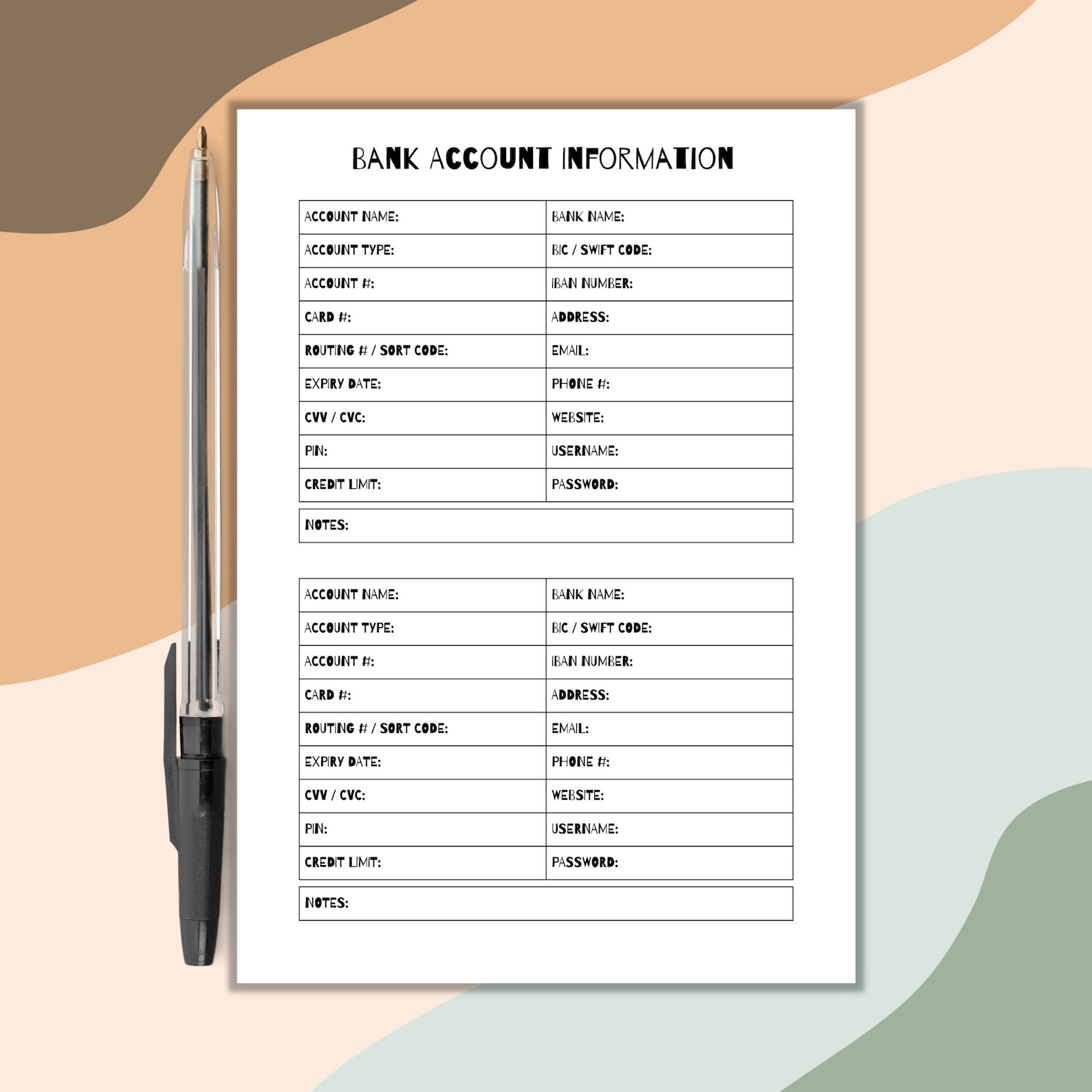 Printable Bank Account Information Tracker, Bank Details, Business ...