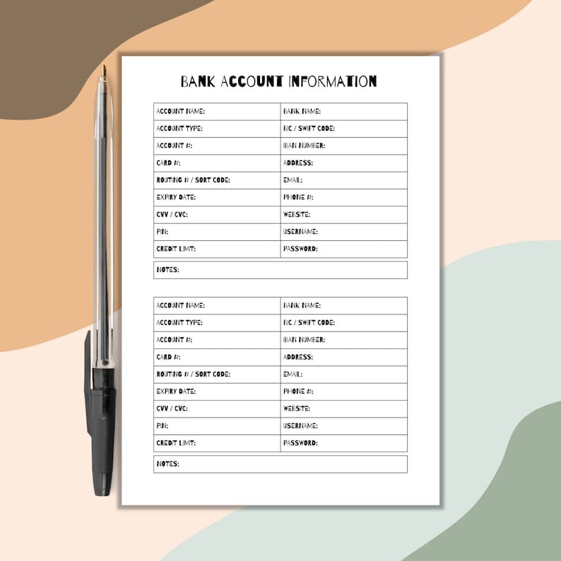 Printable Bank Account Information Tracker, Bank Details, Business ...